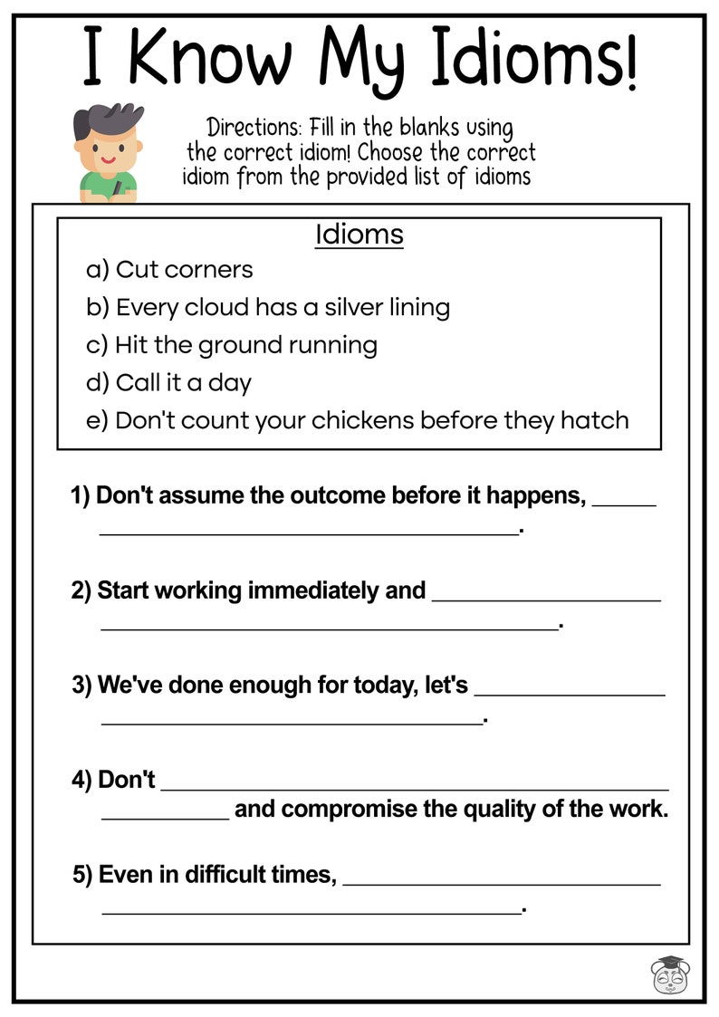 8 Printable "fill in the Blanks" Idioms English Worksheets! Fill in the ...