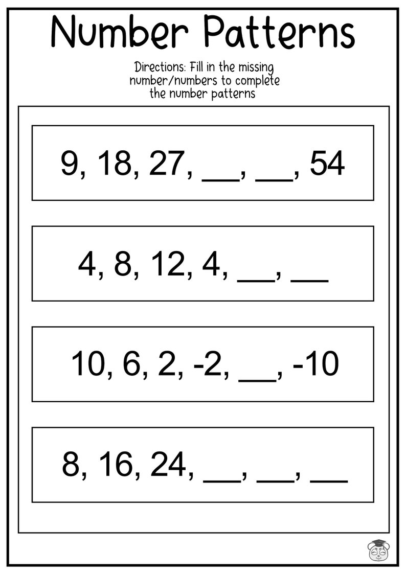 7 Printable Number Patterns Math Worksheet! Fill in the Blanks to Complete the Number Patterns ...