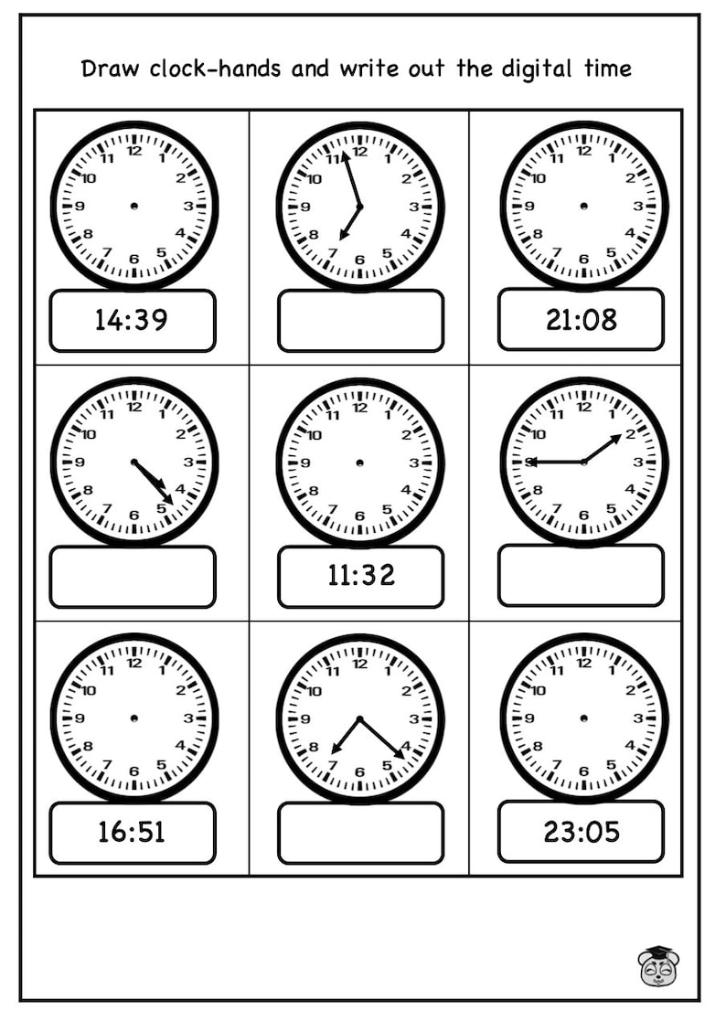 4 Page Printable Time Master Challenge: Draw Clock Hands & Write 24 ...