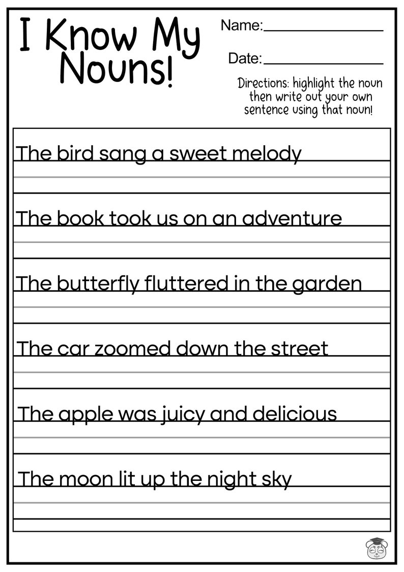 9 Printable Noun Highlighting & Sentence Building English Worksheets ...