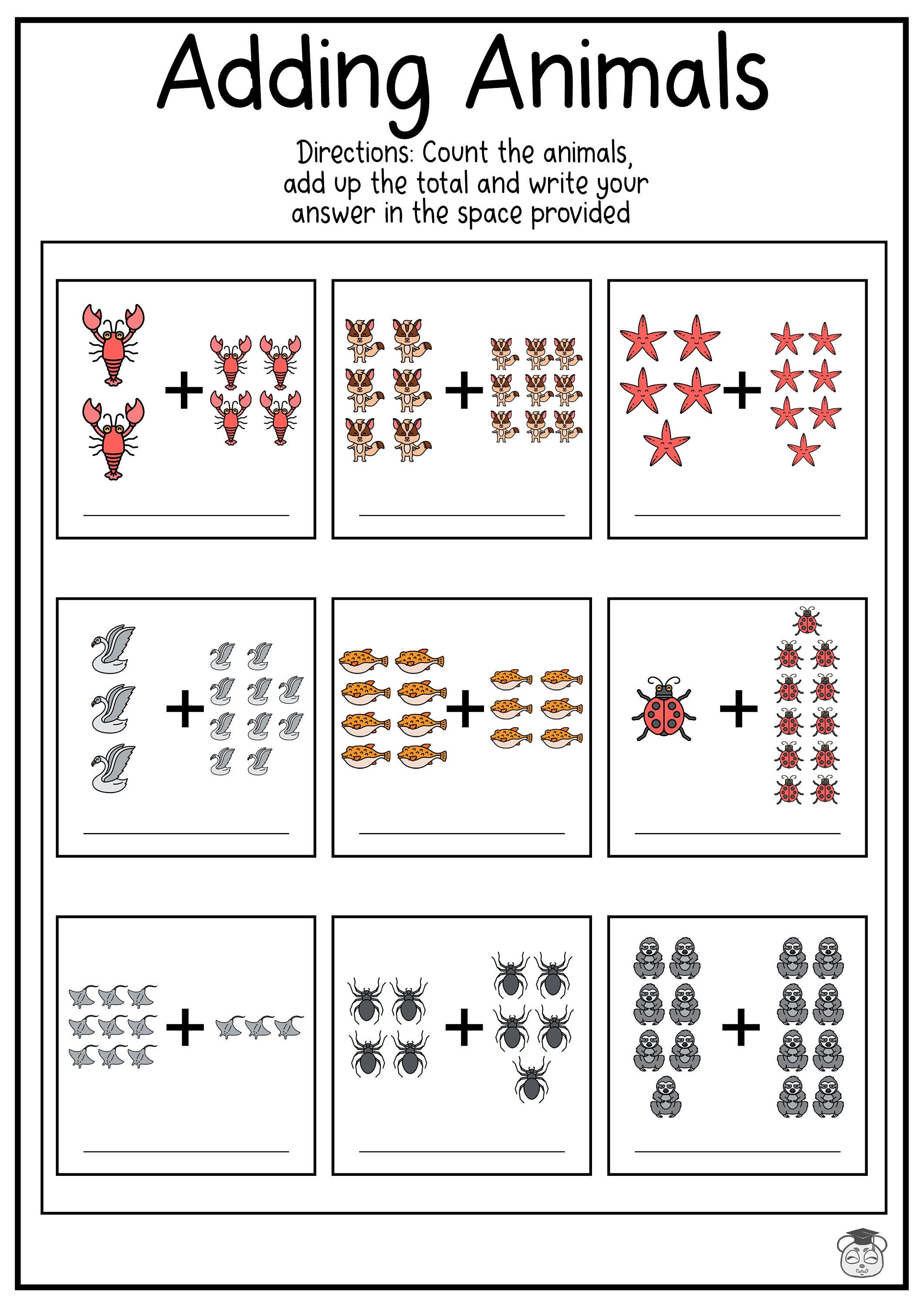 5 Printable Animal Addition Math Worksheet! Addition Practice Using ...