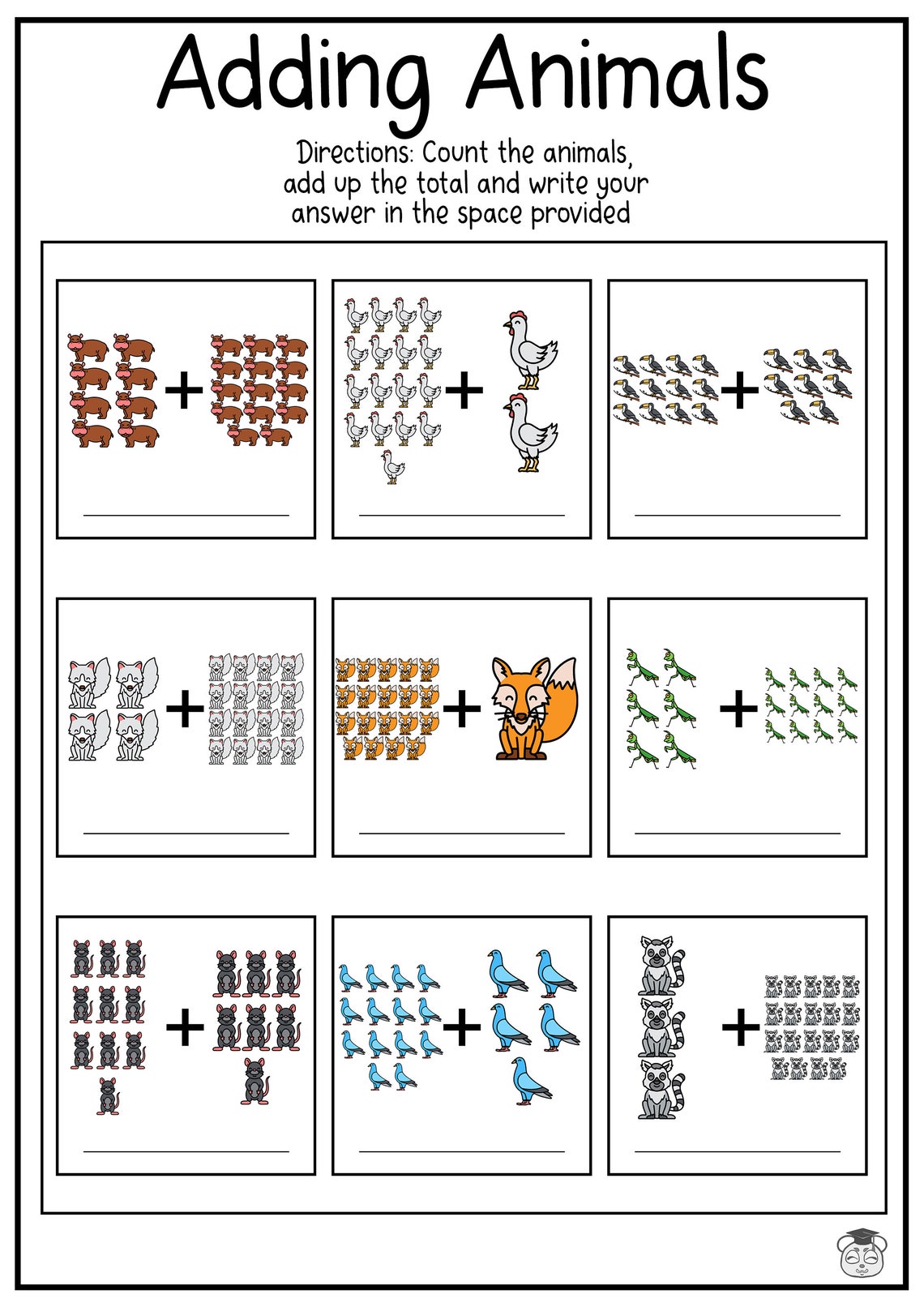 5 Printable Animal Addition Math Worksheet! Addition Practice Using ...