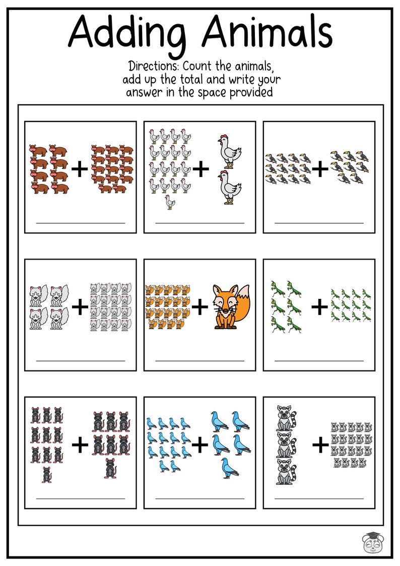 5 Printable Animal Addition Math Worksheet! Addition Practice Using ...