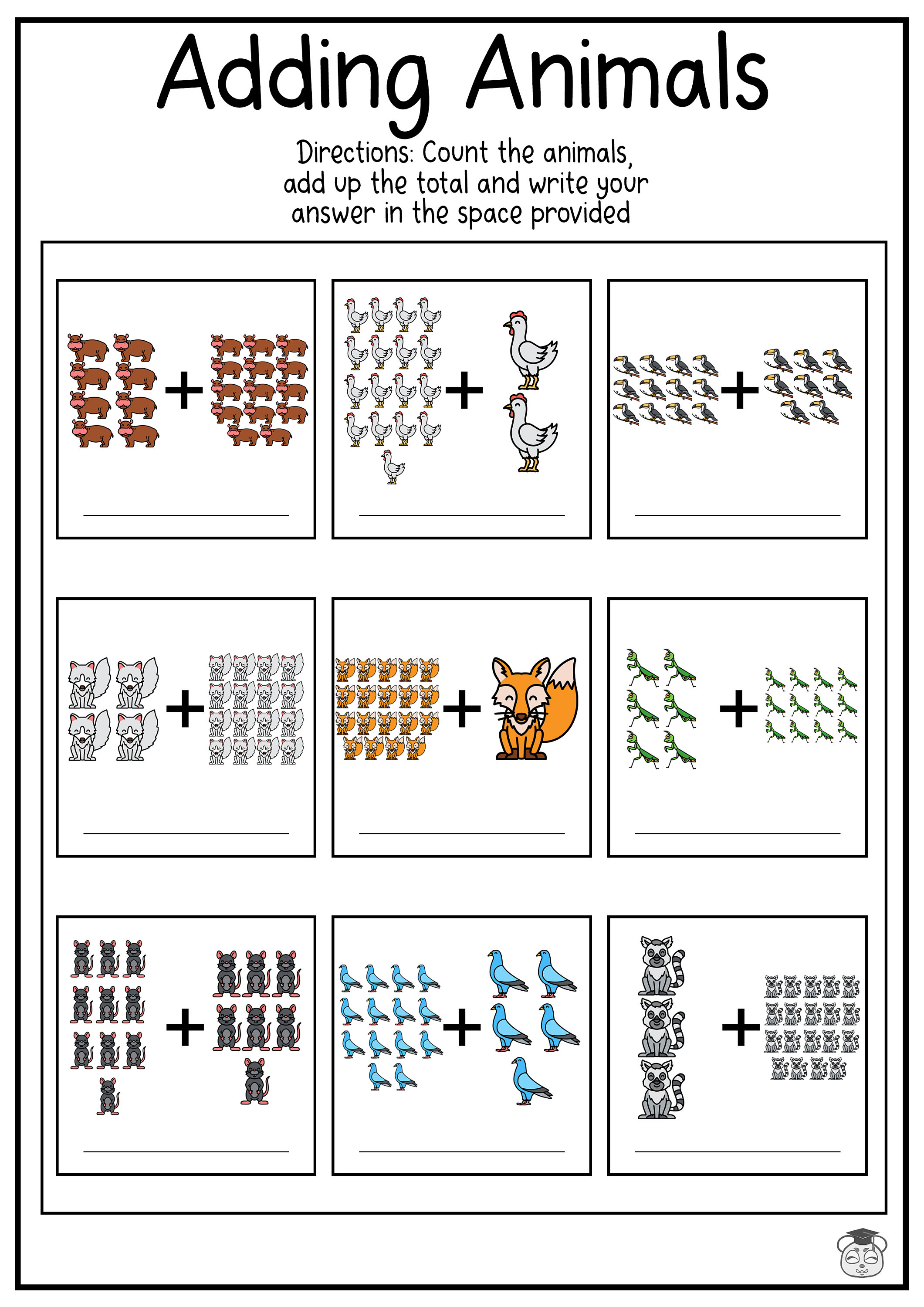 5 Printable Animal Addition Math Worksheet! Addition Practice Using ...