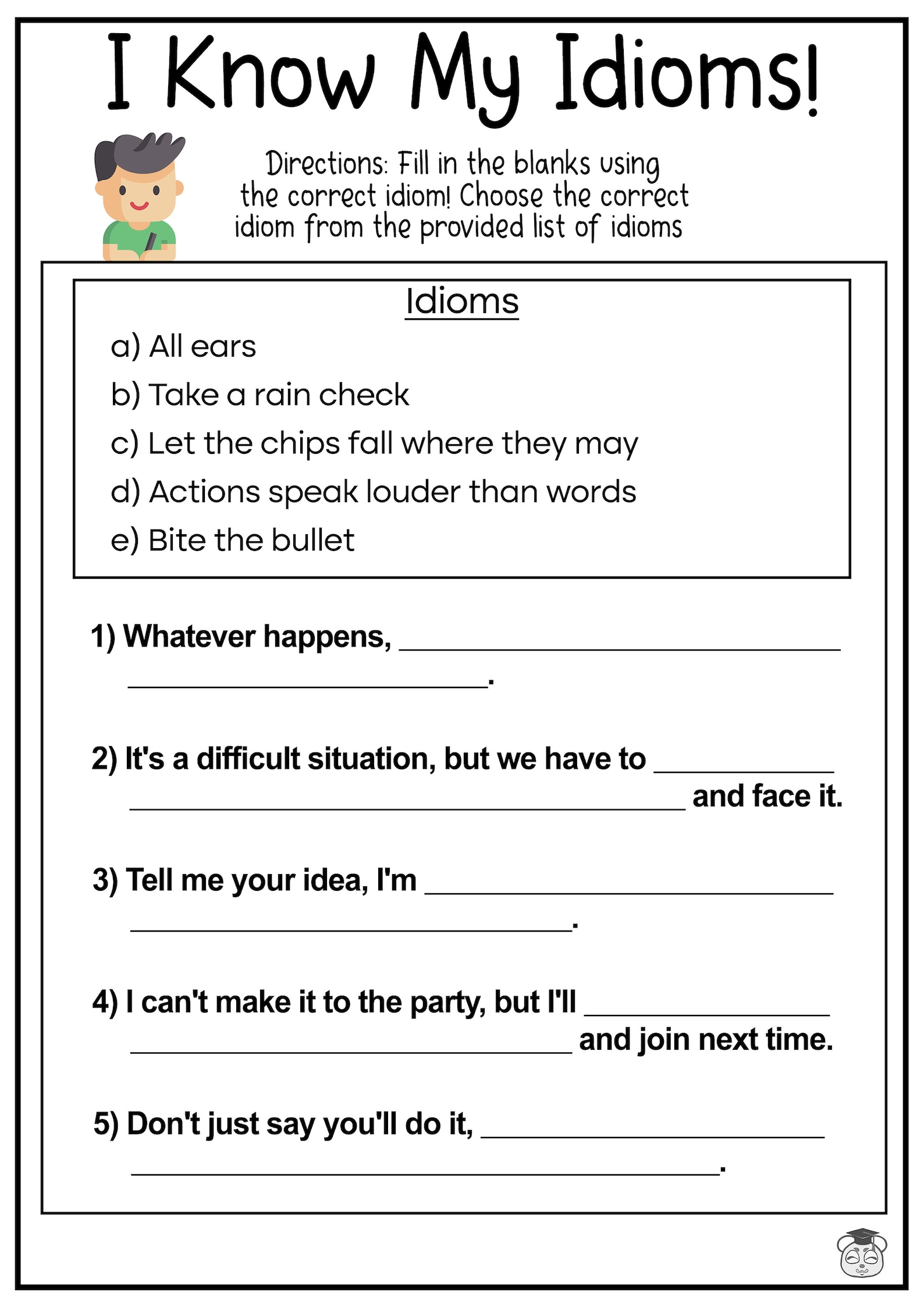8 Printable "fill in the Blanks" Idioms English Worksheets! Fill in the ...