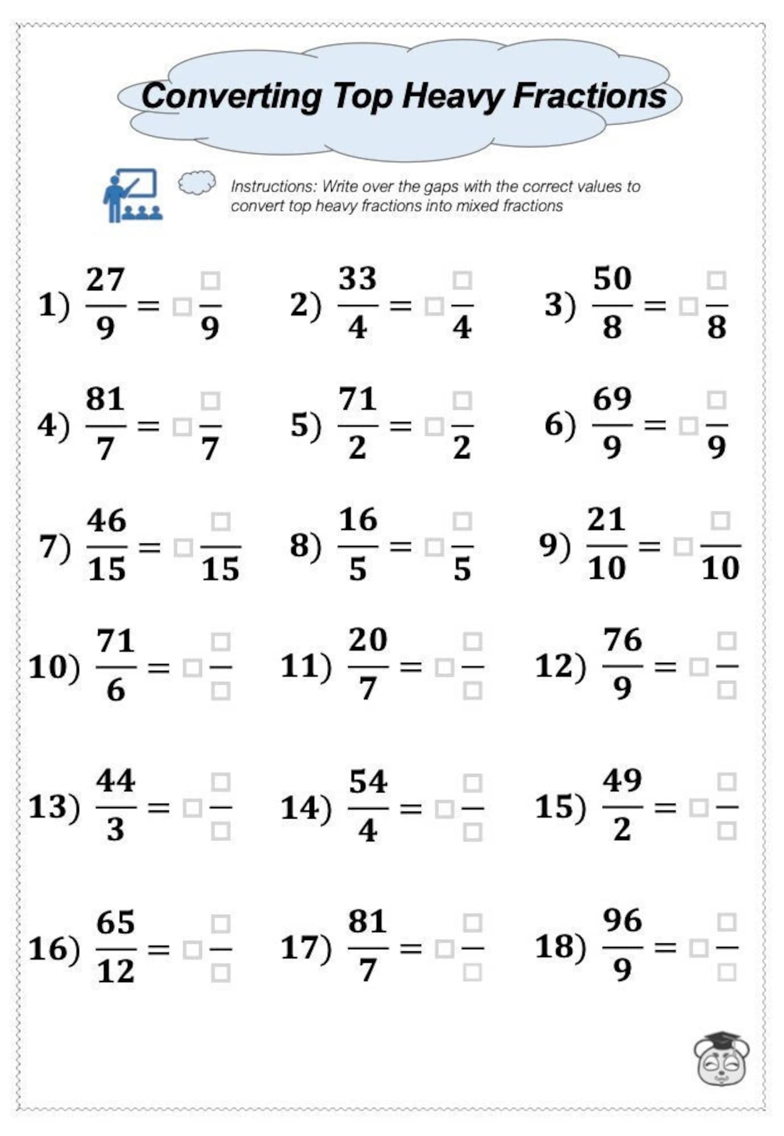 Printable Top-heavy Fractions to Mixed Fractions Conversion Math ...