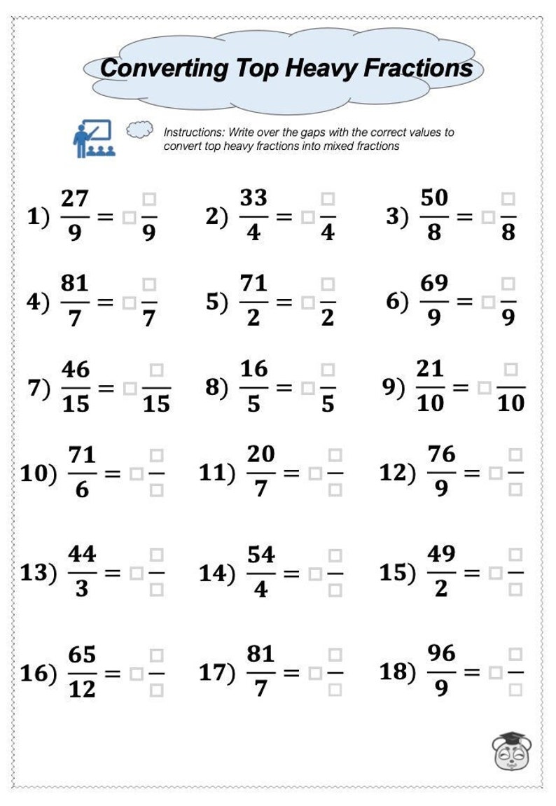 Printable Top-heavy Fractions to Mixed Fractions Conversion Math ...