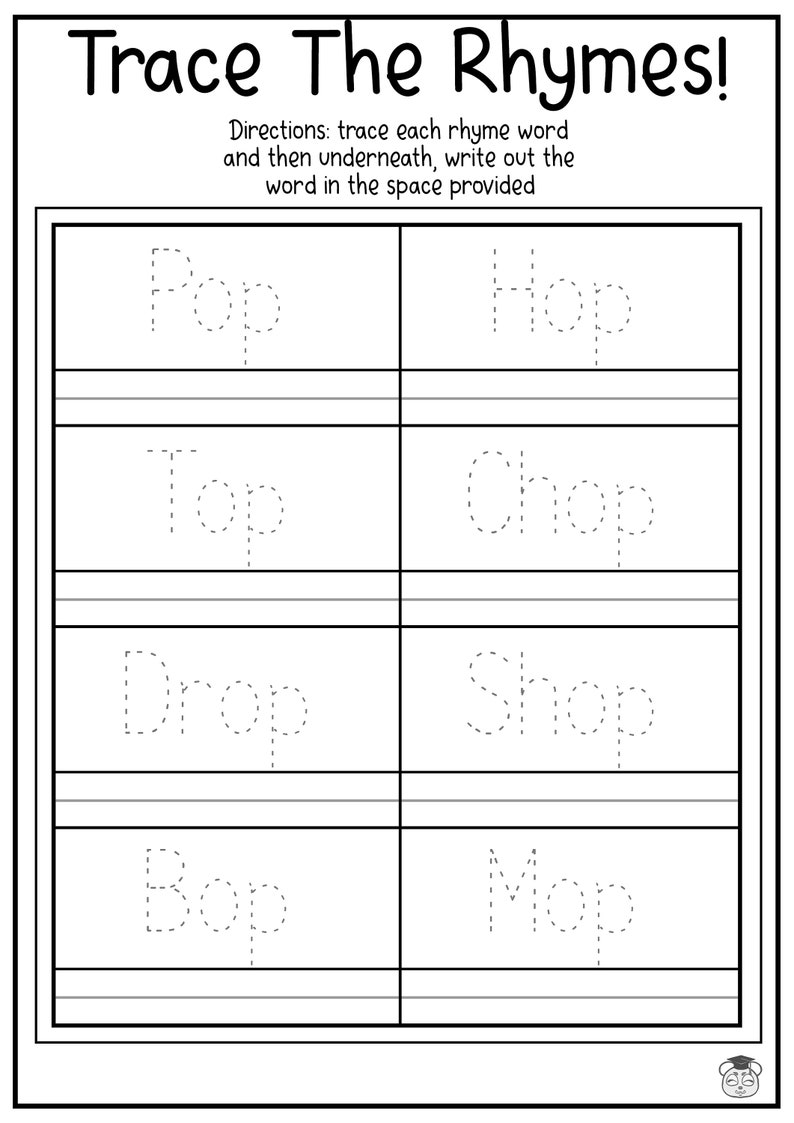 9 Printable Rhyme Word Tracing & Writing Practice Worksheets! Practice ...