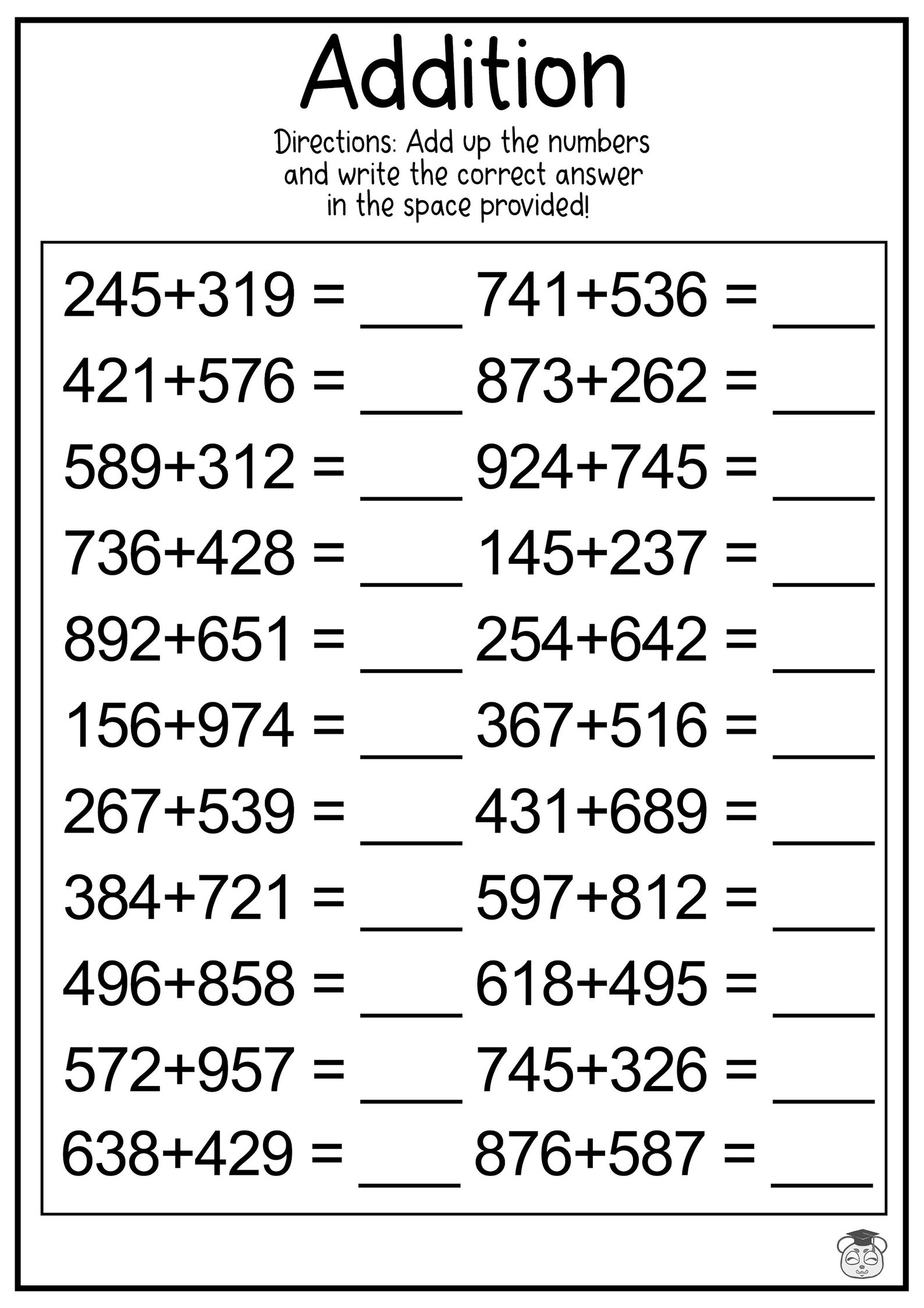 10 Printable Addition Math Worksheets! Addition Practice Using Single ...