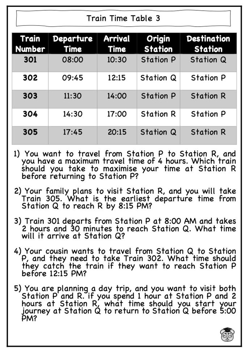 5 Page Printable Train Timetable Math Challenge: Hard Comprehension ...