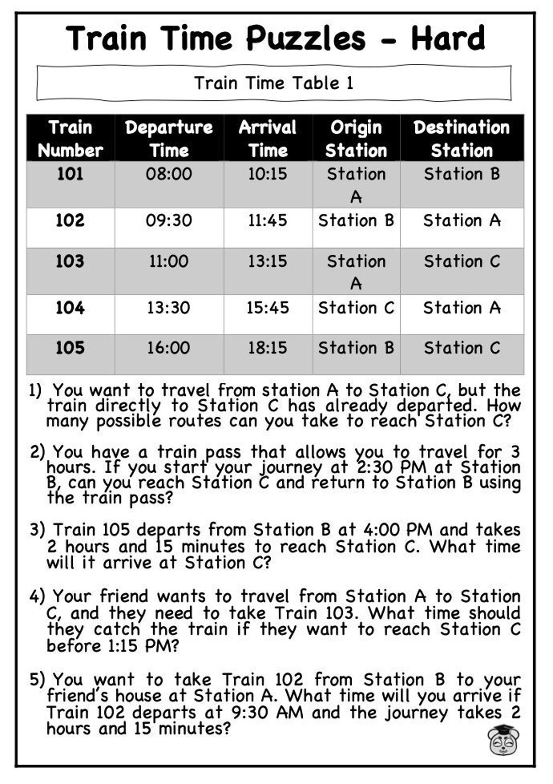 5 Page Printable Train Timetable Math Challenge: Hard Comprehension ...