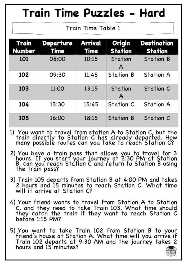 5 Page Printable Train Timetable Math Challenge: Hard Comprehension ...