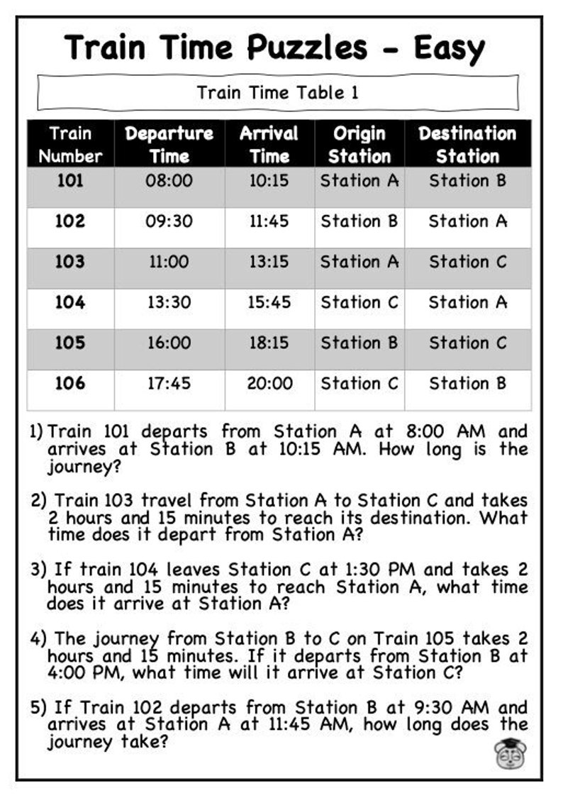 5 Page Printable Train Timetable Math Challenge: Easy Comprehension ...