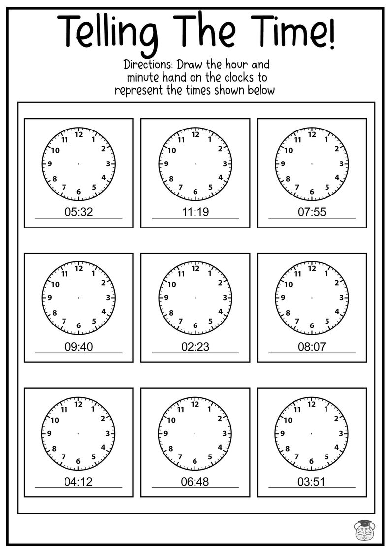 8 Printable Time-telling Math Worksheets! Telling the Time by Drawing ...