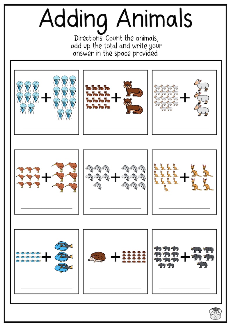 5 Printable Animal Addition Math Worksheet! Addition Practice Using ...