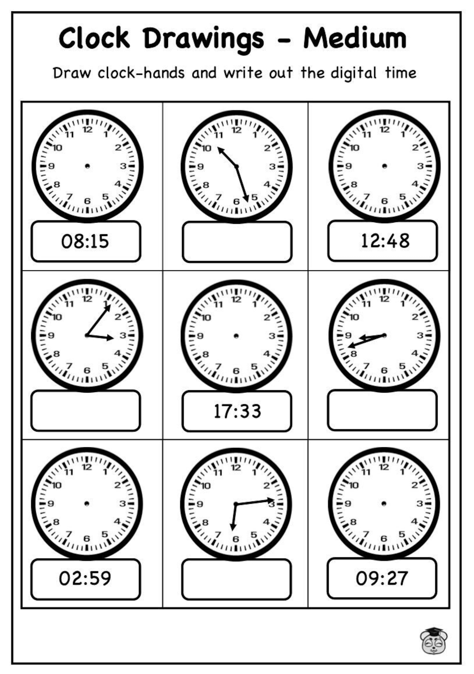 4 Page Printable Time Master Challenge: Draw Clock Hands & Write 24 ...