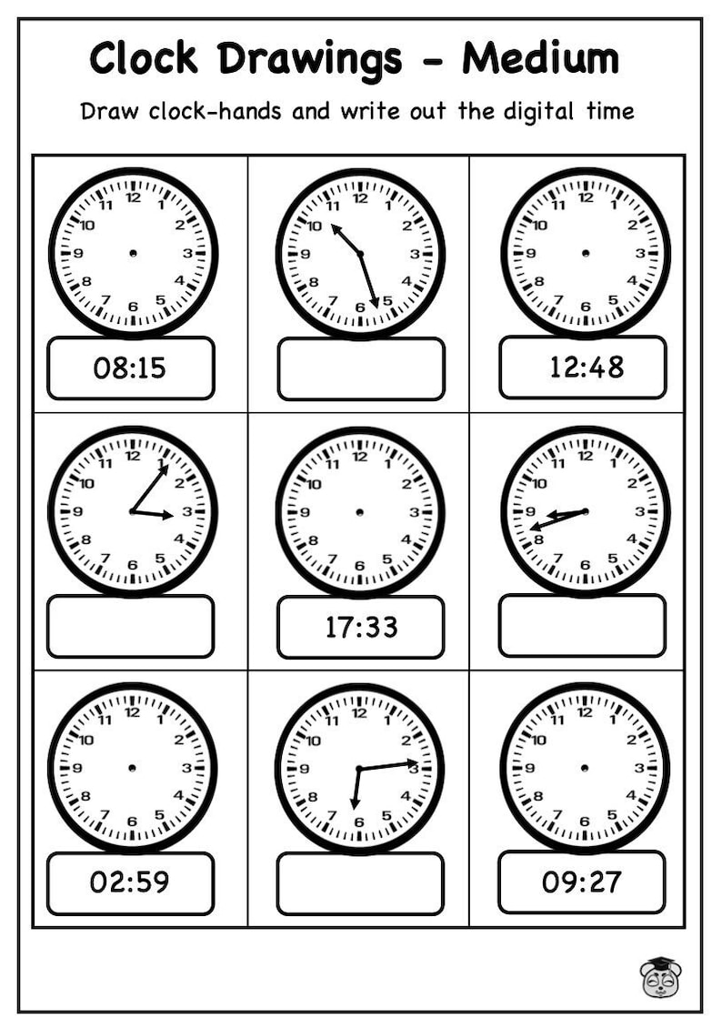 4 Page Printable Time Master Challenge: Draw Clock Hands & Write 24 ...