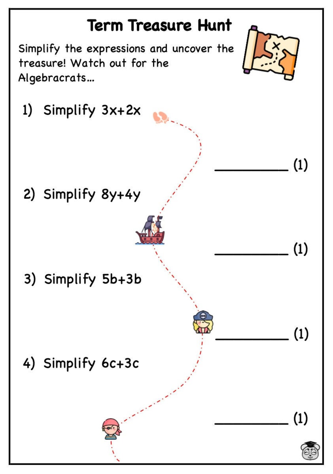 5 Page Printable Pirate Algebra Adventure Worksheet: Collect Like Terms ...