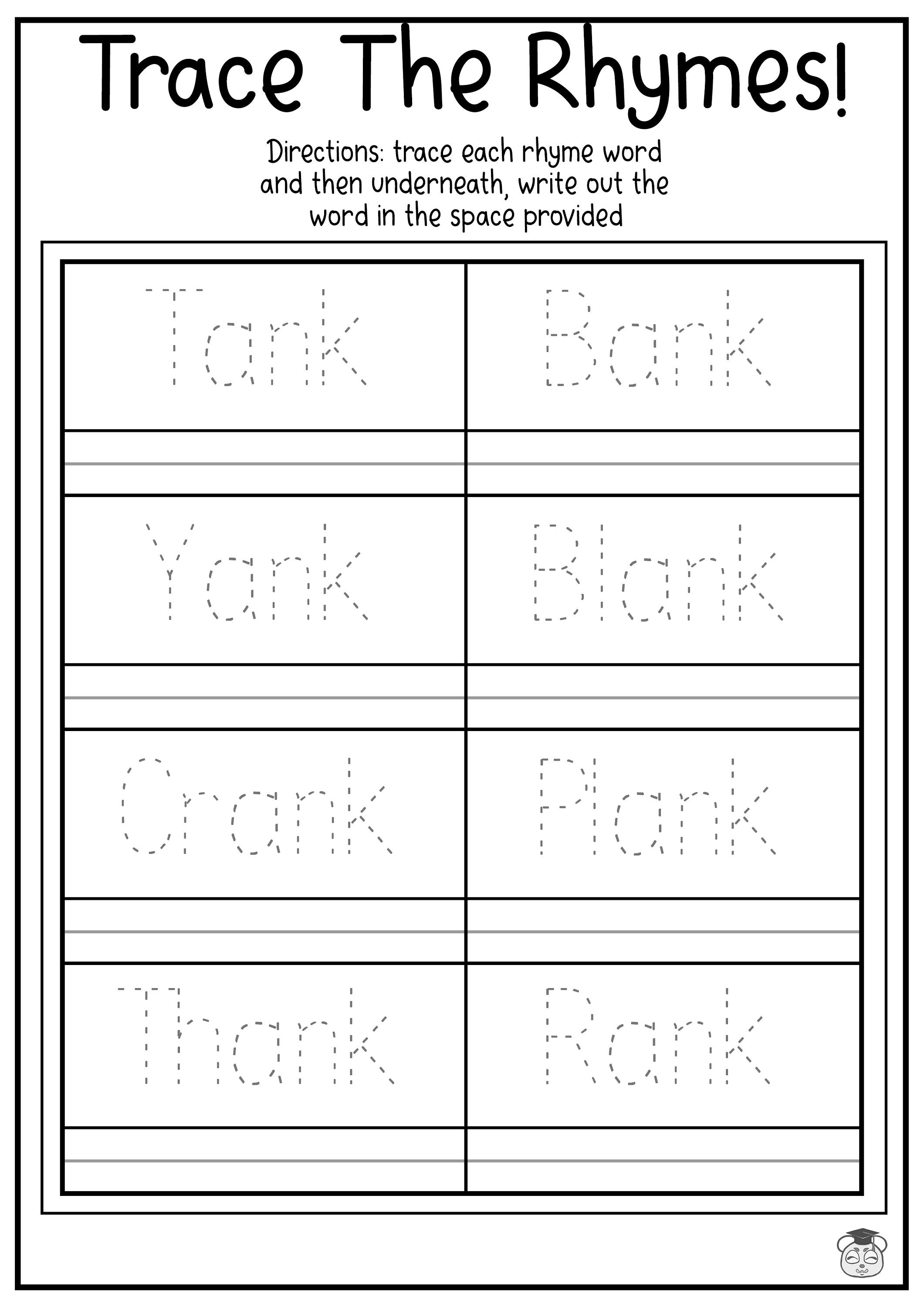 Printable Rhyme Word Tracing Writing Practice Worksheets, 56% OFF