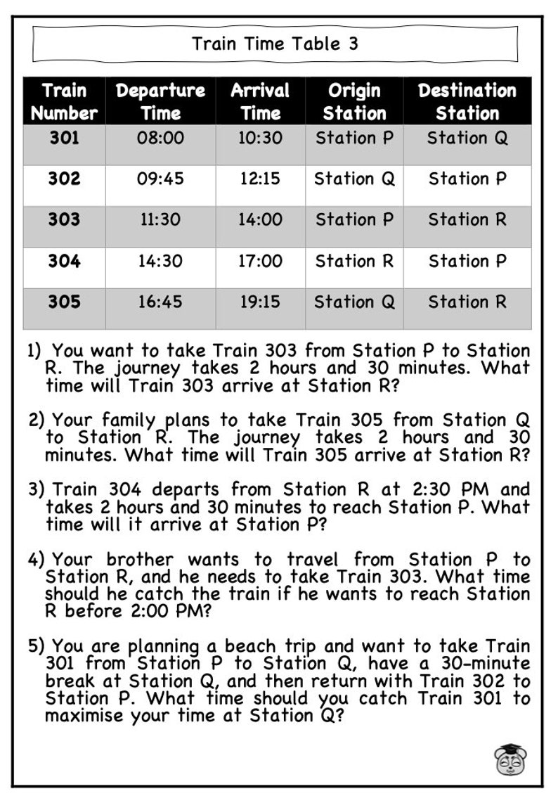 5 Page Printable Train Timetable Math Challenge: Medium Comprehension ...