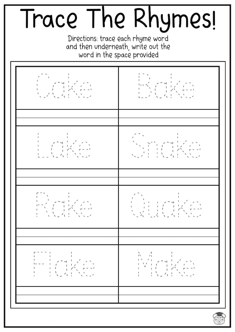 9 Printable Rhyme Word Tracing & Writing Practice Worksheets! Practice ...