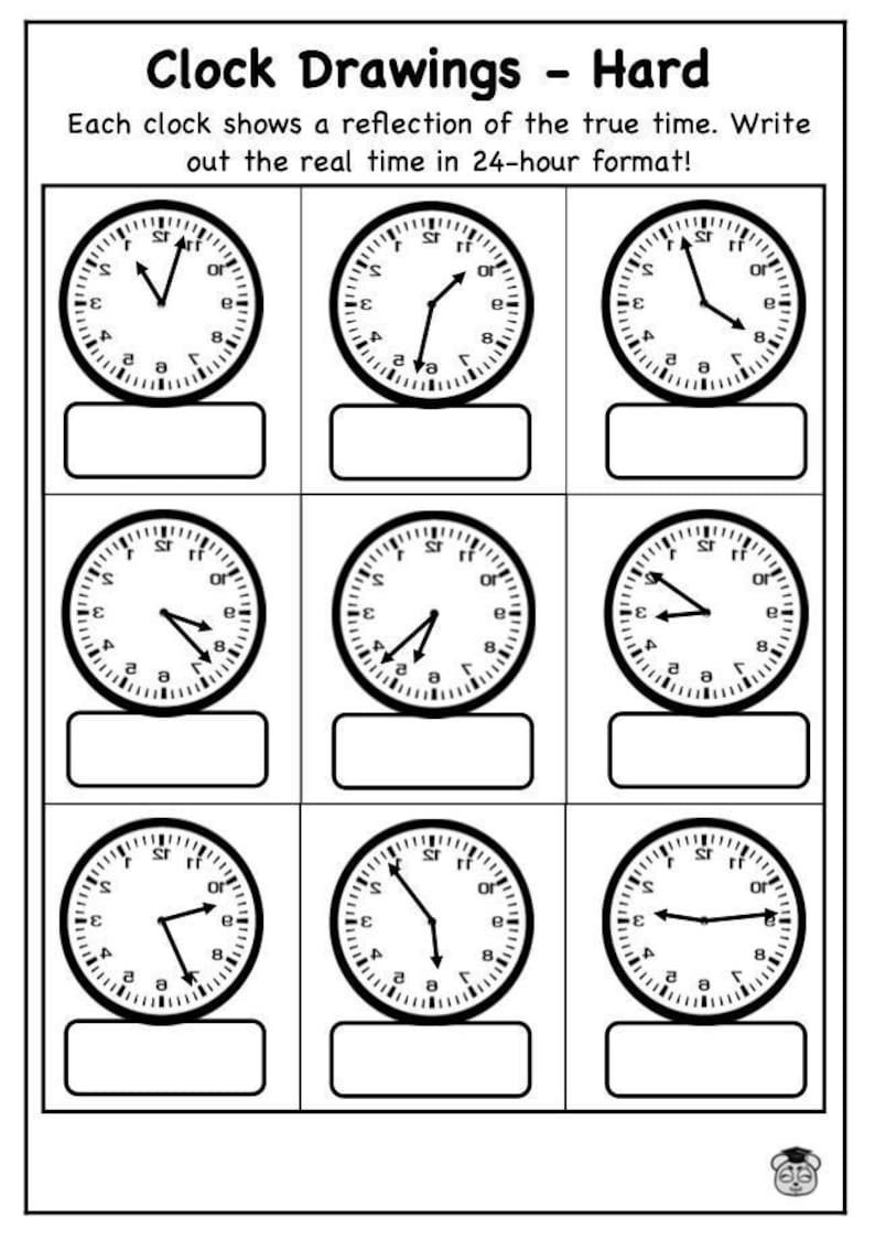 4 Page Printable Mirror Clock Time Puzzles: Kids 24-hour Clock ...