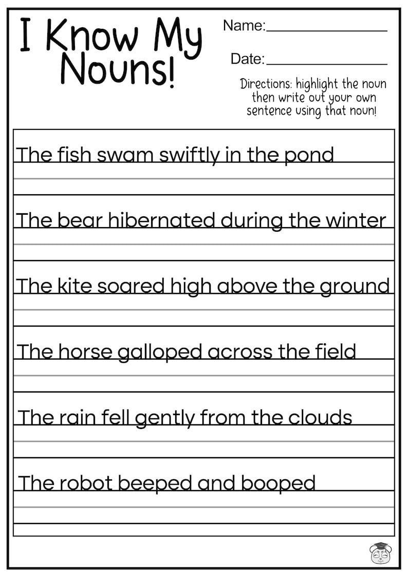 9 Printable Noun Highlighting & Sentence Building English Worksheets ...