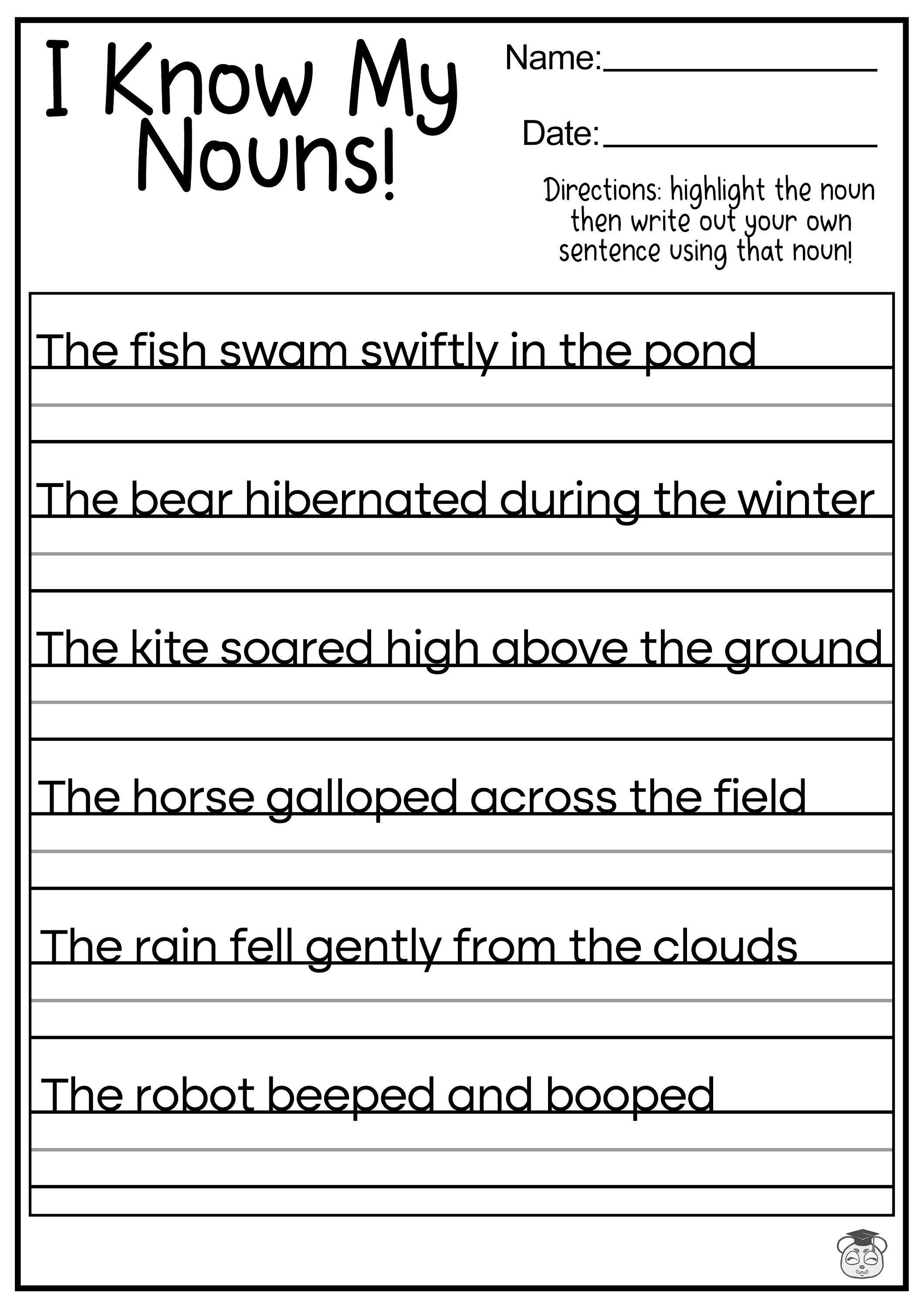 9 Printable Noun Highlighting & Sentence Building English Worksheets ...