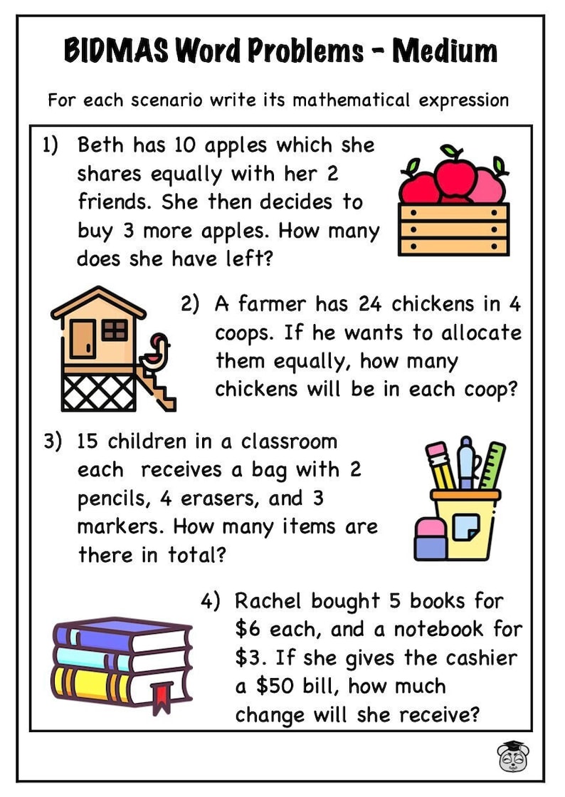 10 Page Printable Engaging BIDMAS Challenge: Solve Medium Word Problems ...