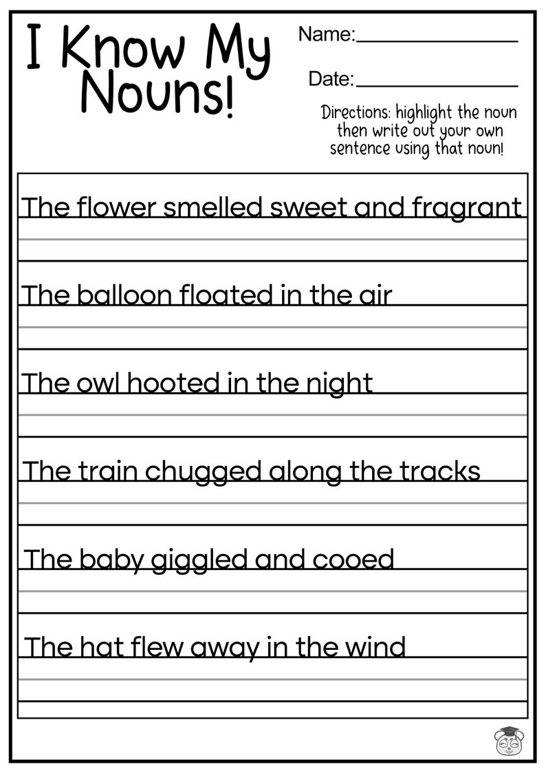 9 Printable Noun Highlighting & Sentence Building English Worksheets ...