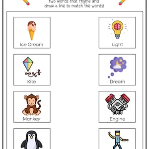 8 Printable Rhyme Word Matching English Worksheets! Match the Rhyme ...