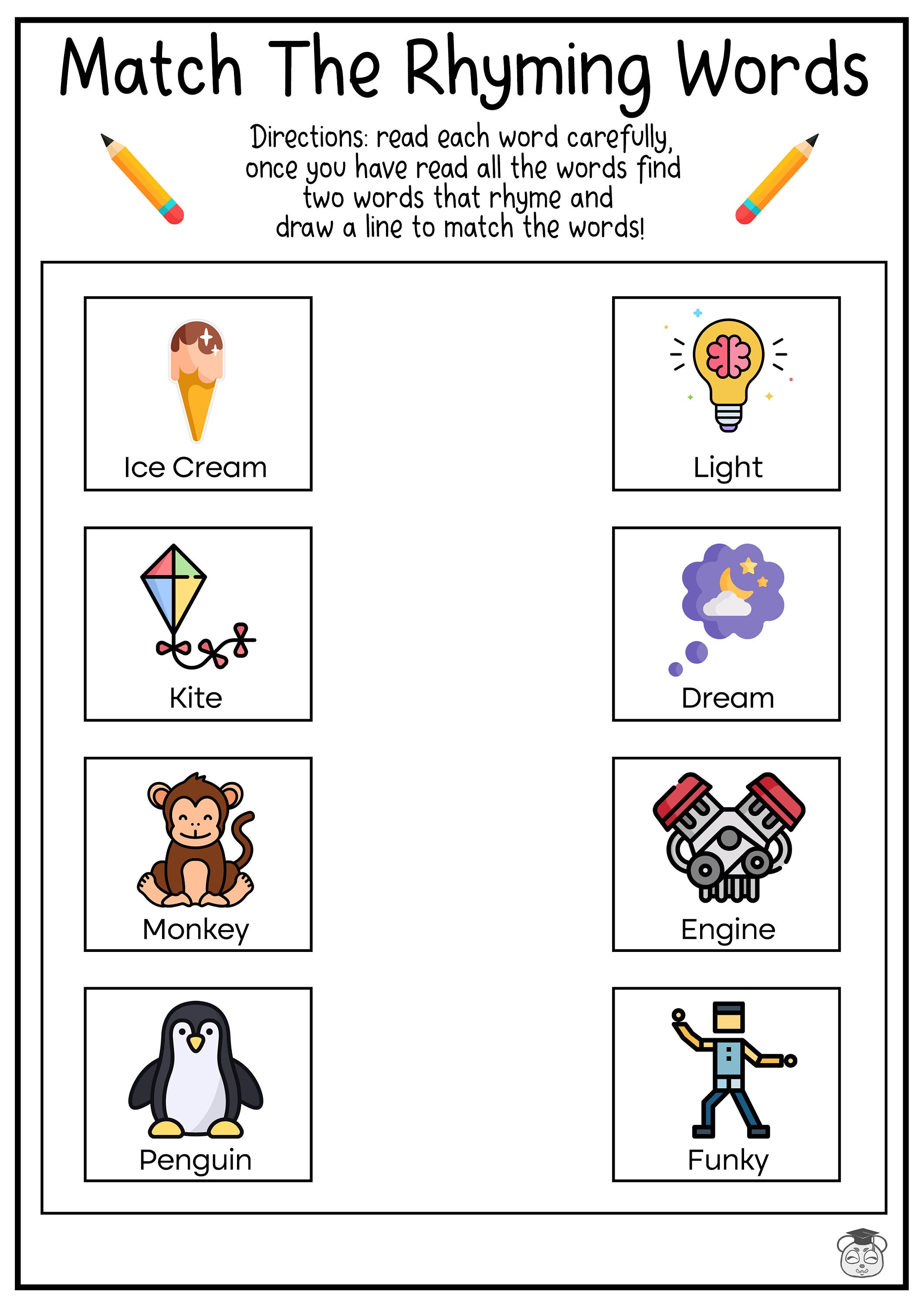 8 Printable Rhyme Word Matching English Worksheets! Match the Rhyme ...