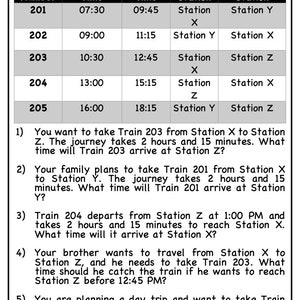 5 Page Printable Train Timetable Math Challenge: Medium Comprehension ...