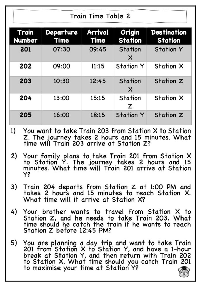 5 Page Printable Train Timetable Math Challenge: Medium Comprehension ...