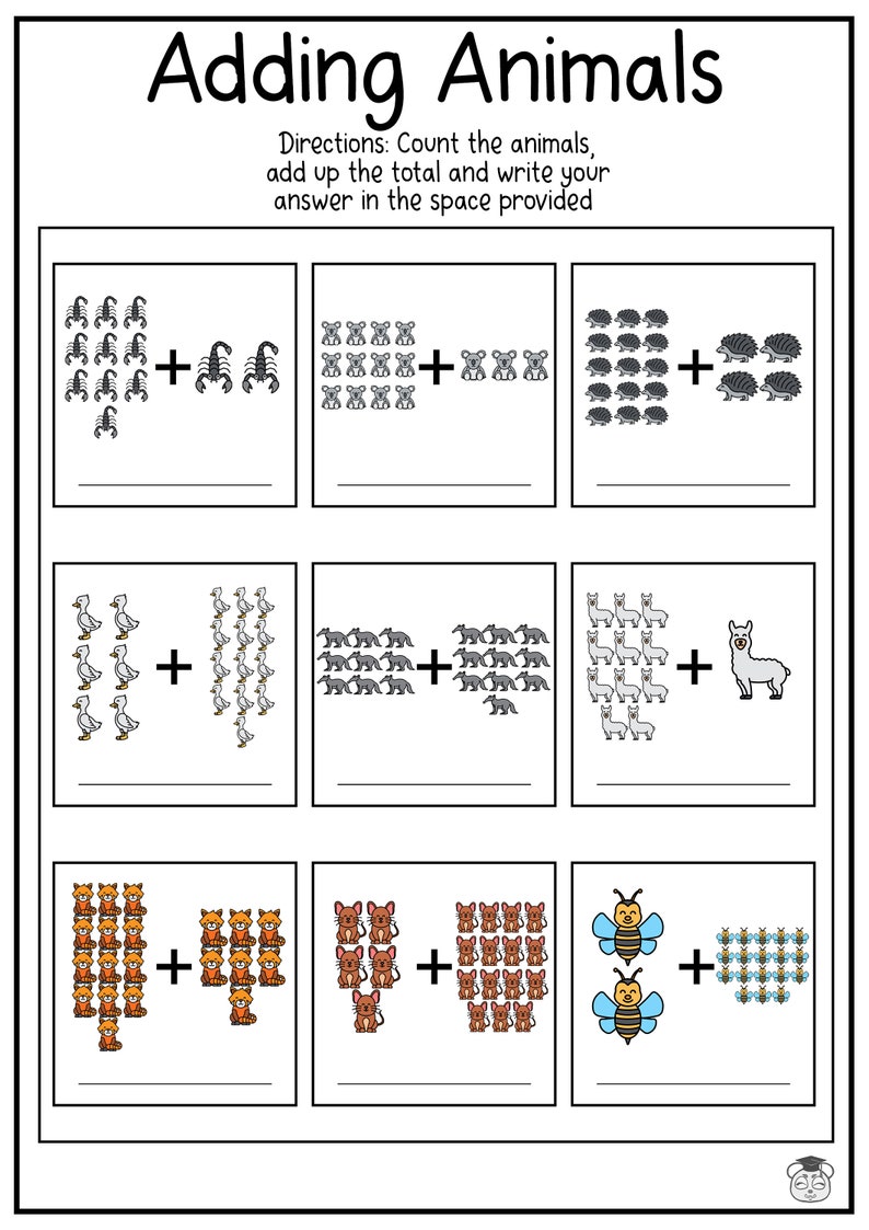 5 Printable Animal Addition Math Worksheet! Addition Practice Using ...