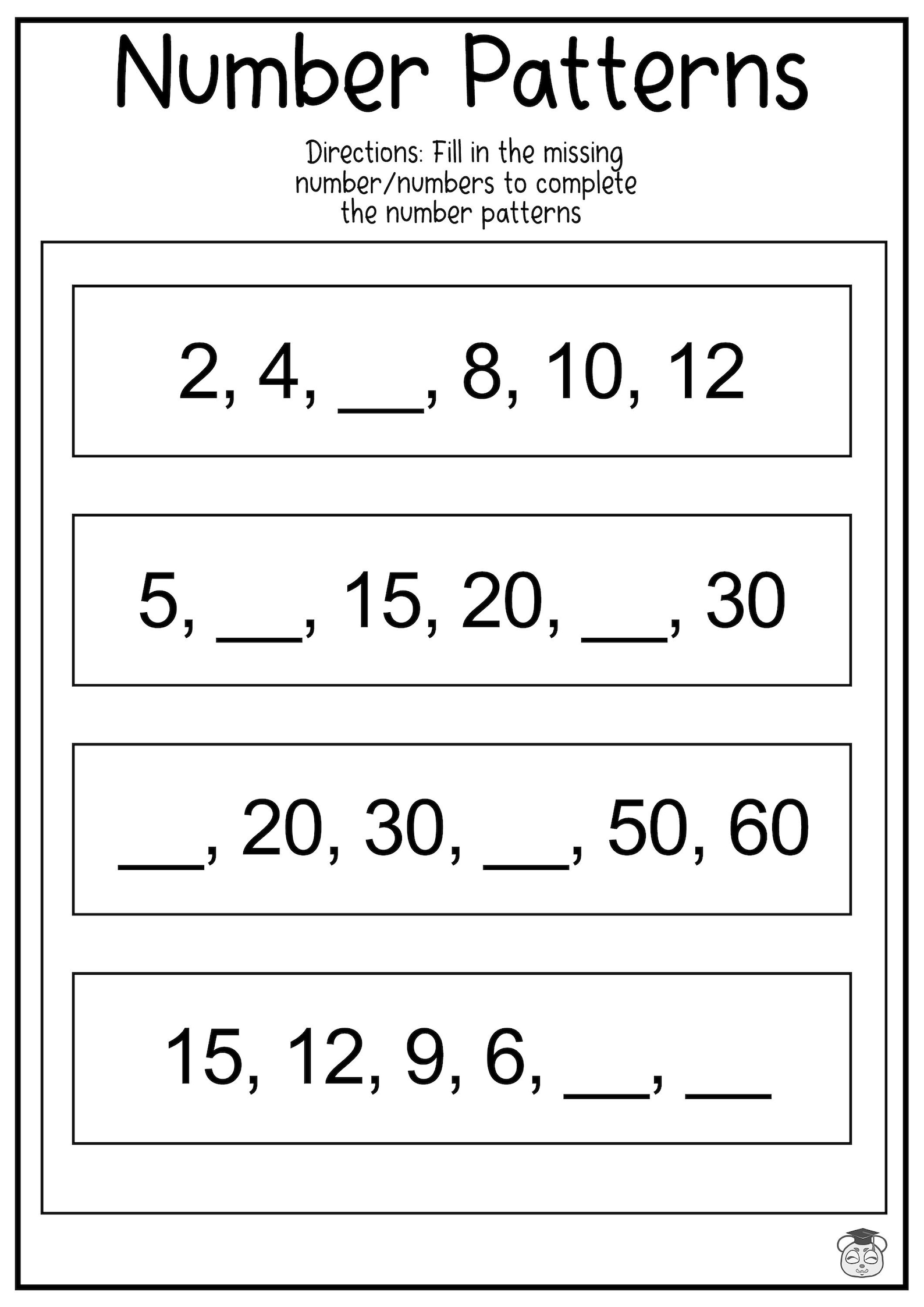 7 Printable Number Patterns Math Worksheet Fill in the Blanks to ...