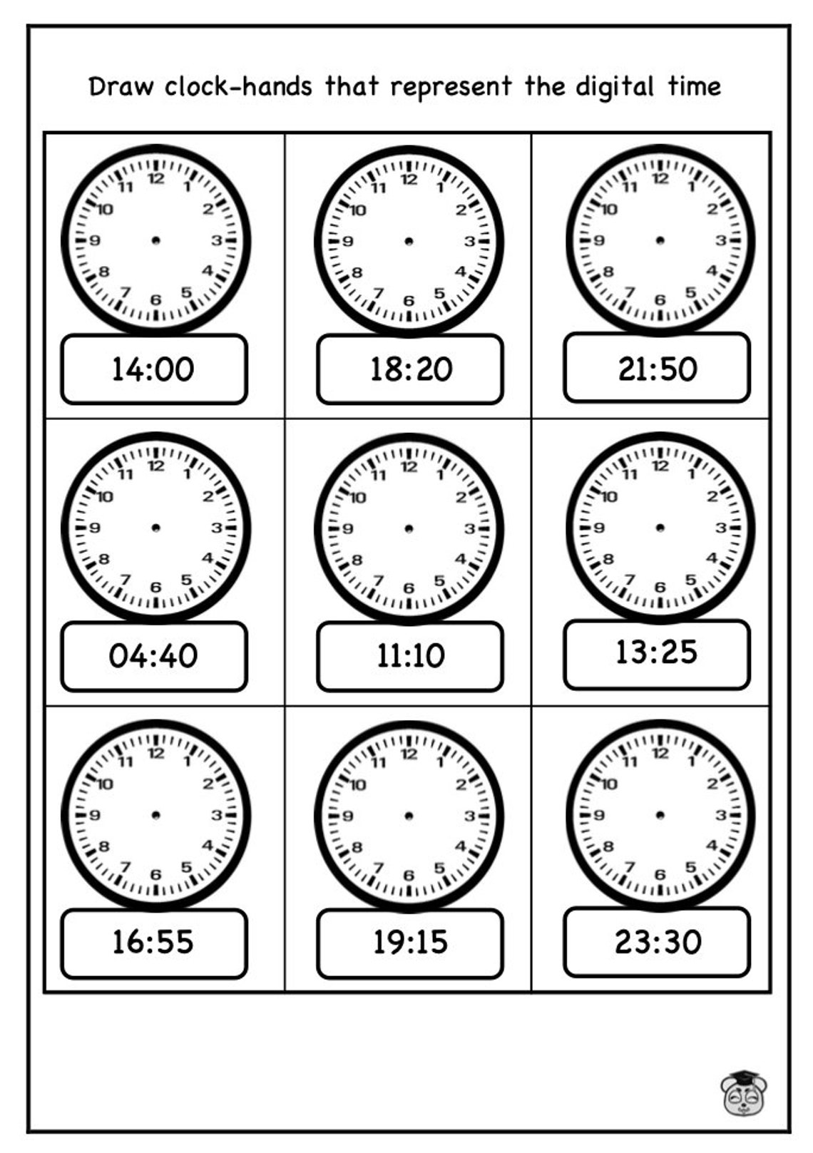 4 Page Printable Time-telling Fun: Draw Clock Hands for 24-hour Times ...