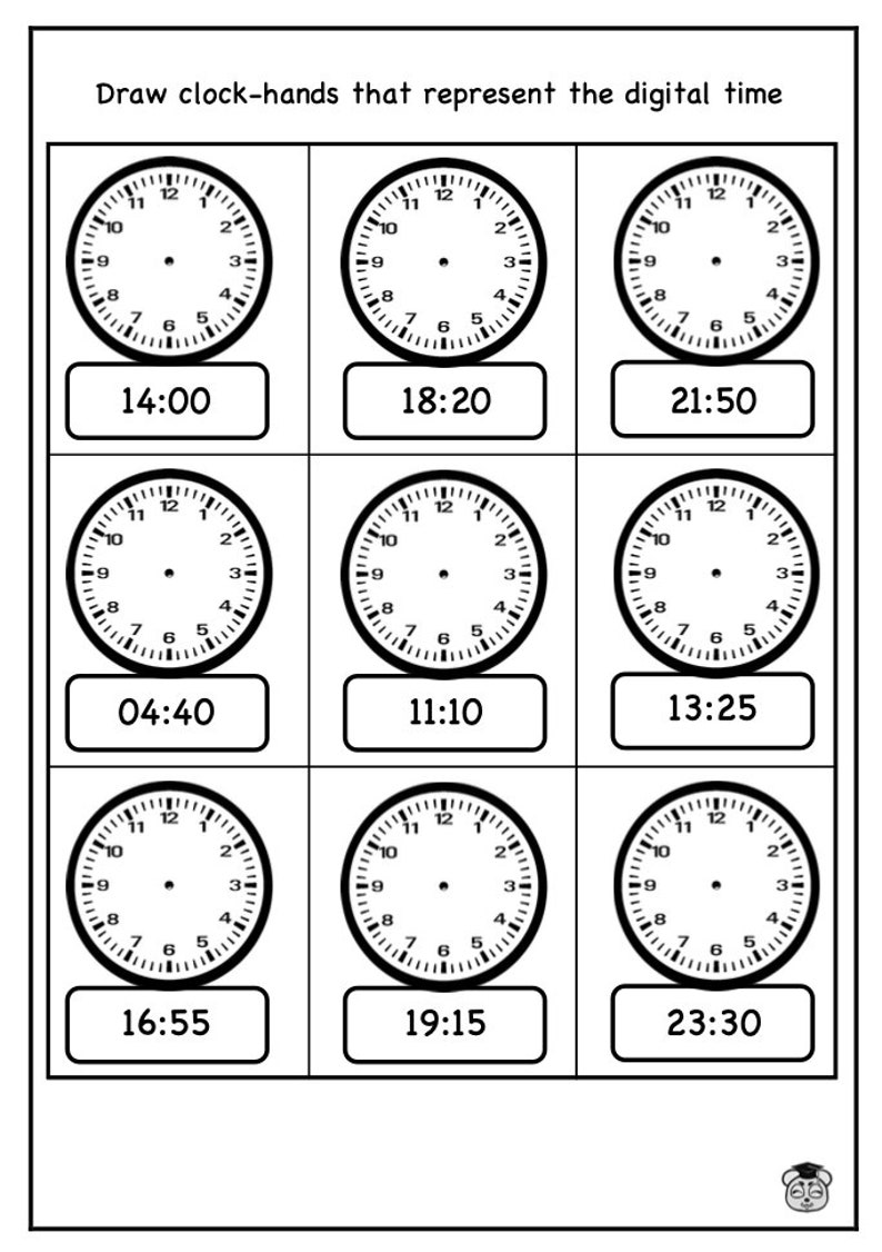 4 Page Printable Time-telling Fun: Draw Clock Hands for 24-hour Times ...