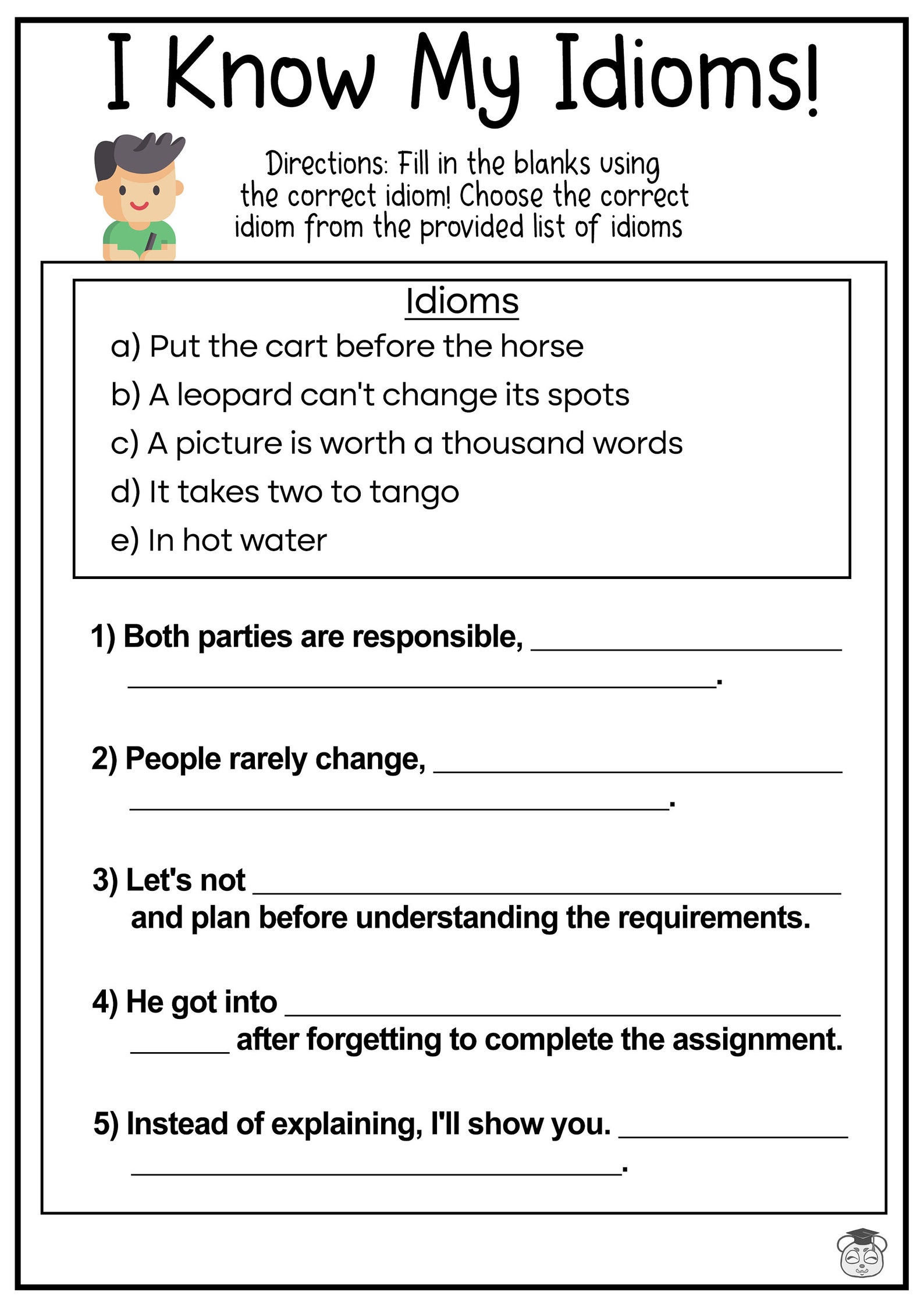 8 Printable "fill in the Blanks" Idioms English Worksheets! Fill in the ...