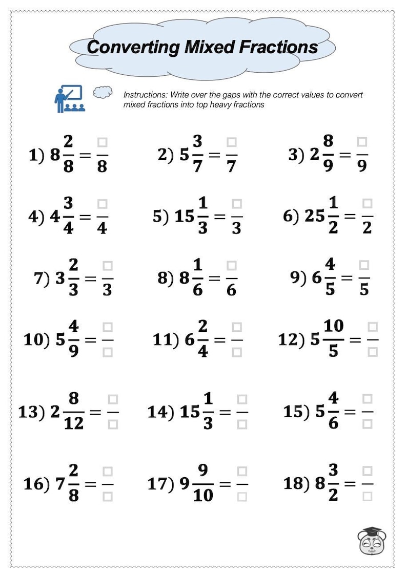 Printable Converting Mixed Fractions to Top Heavy Fractions Math ...