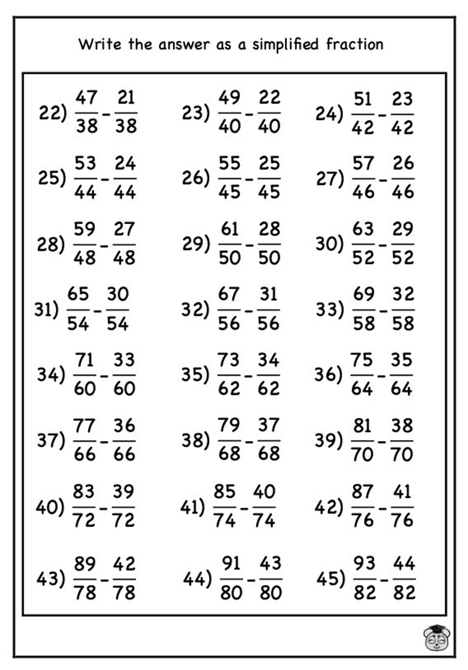 Improper Fraction Subtraction Practice Kids 7-11 | Educational Math ...
