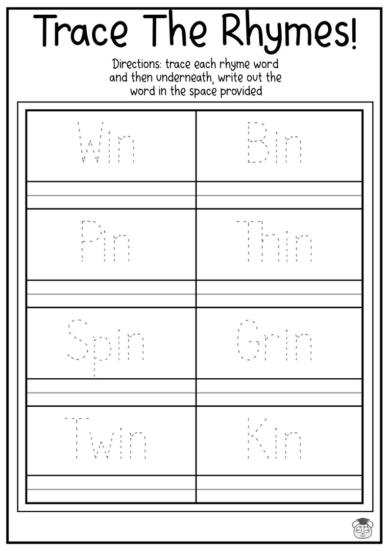 9 Printable Rhyme Word Tracing & Writing Practice Worksheets! Practice ...