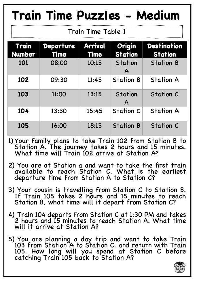 5 Page Printable Train Timetable Math Challenge: Medium Comprehension ...