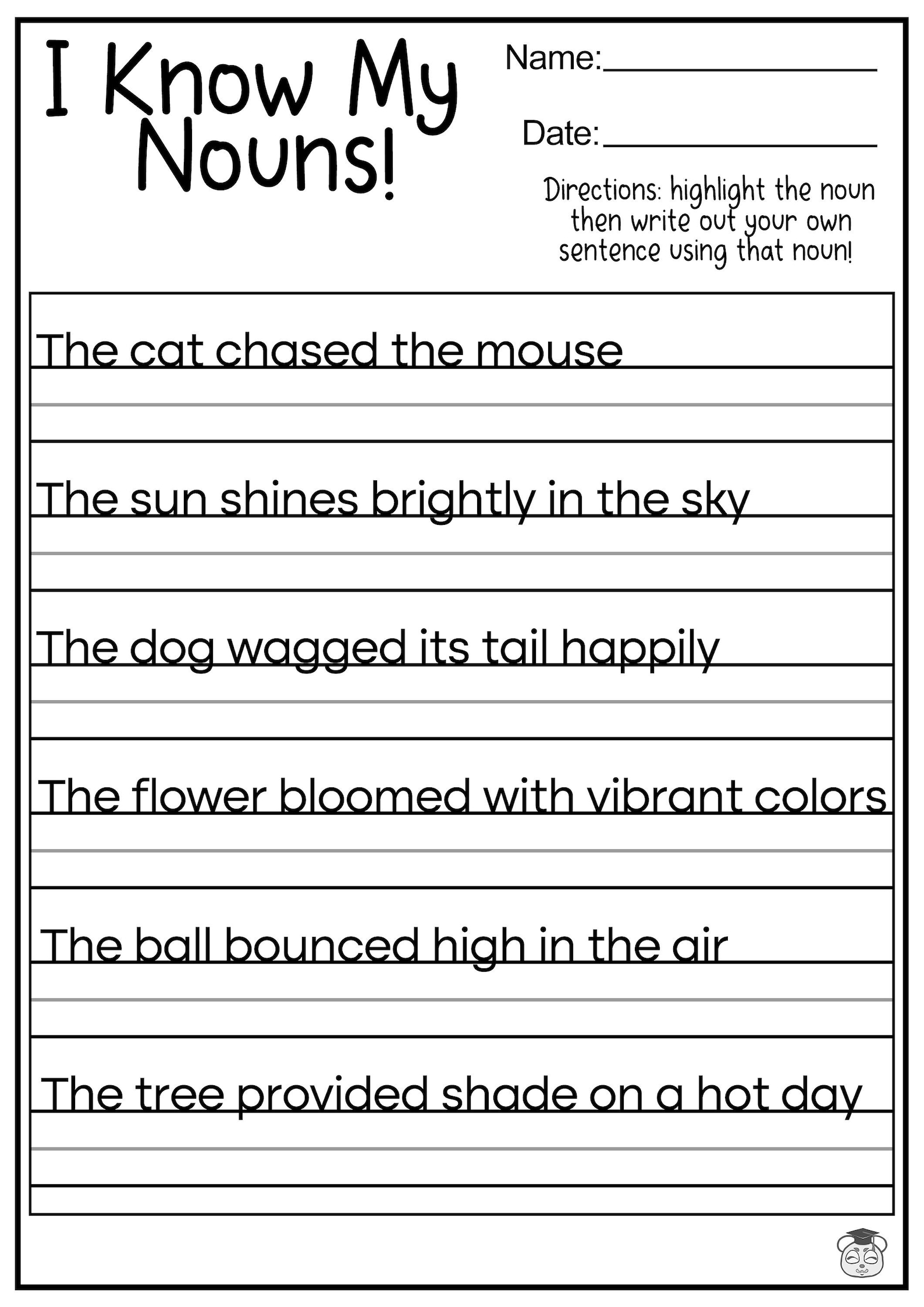 9 Printable Noun Highlighting & Sentence Building English Worksheets ...