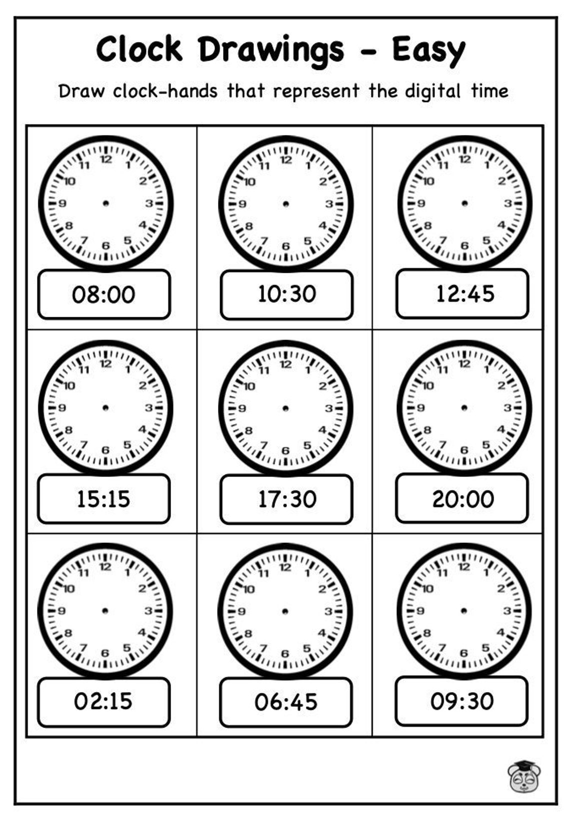 4 Page Printable Time-telling Fun: Draw Clock Hands for 24-hour Times ...
