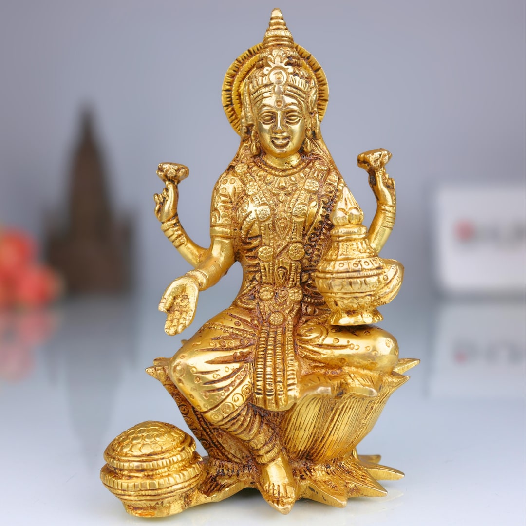 Brass Lakshmi Mata Idol – Maha Laxmi Ji Murti Sitting on Lotus for Home ...