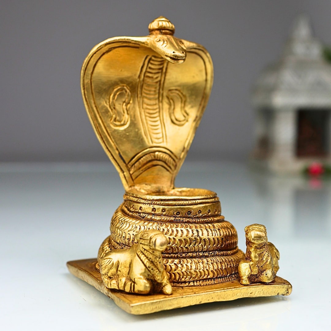 Brass Shiva Lingam Stand: Snake Chowki With Nandi, Pooja Mandir Decor ...