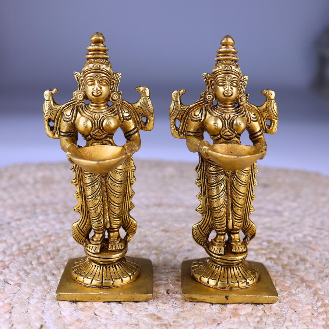 Brass Deep Lakshmi Idol – Standing Lakshmi With Lamps, Deeplakshmi Diya ...