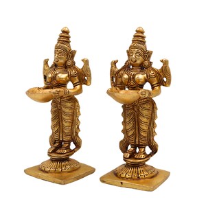 Brass Deep Lakshmi Idol – Standing Lakshmi With Lamps, Deeplakshmi Diya ...