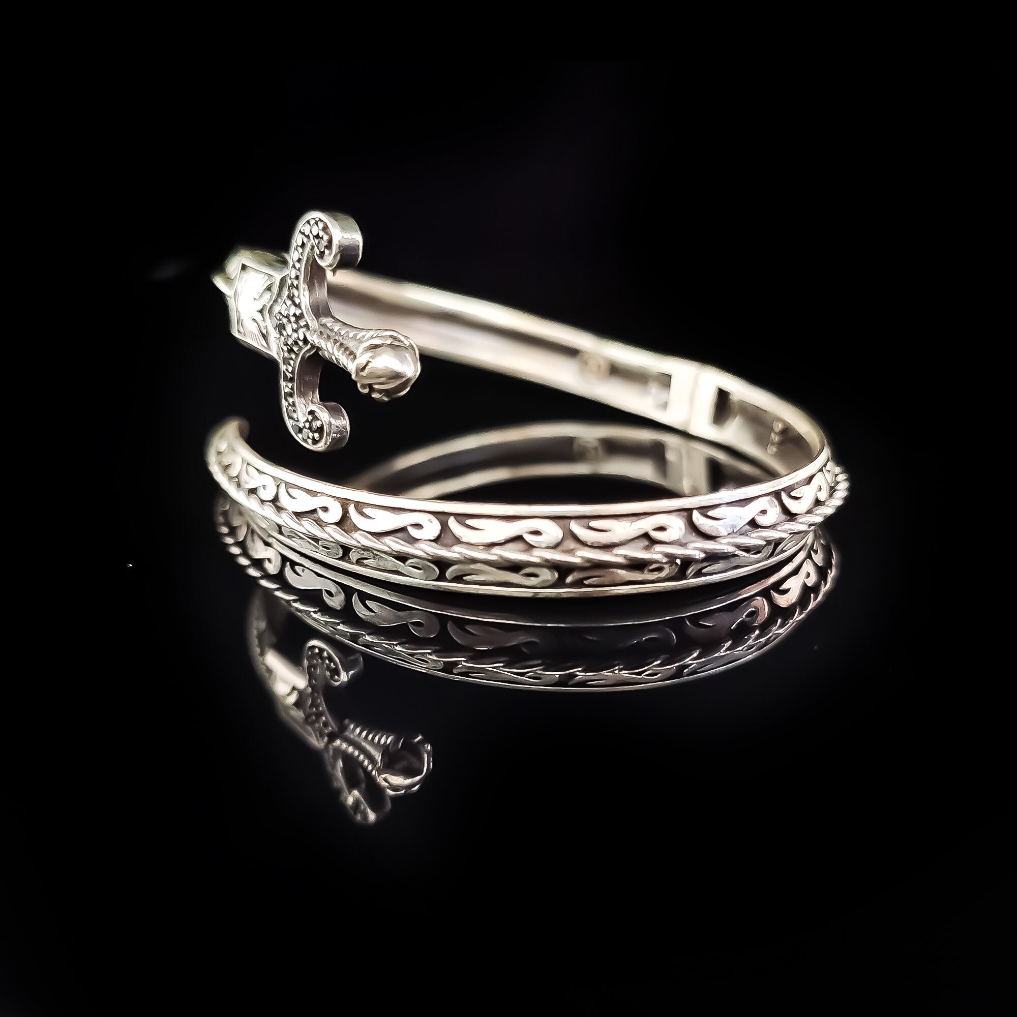 Silver Sword Bracelet With Blackstone925 Sterling Silver Cuff - Etsy